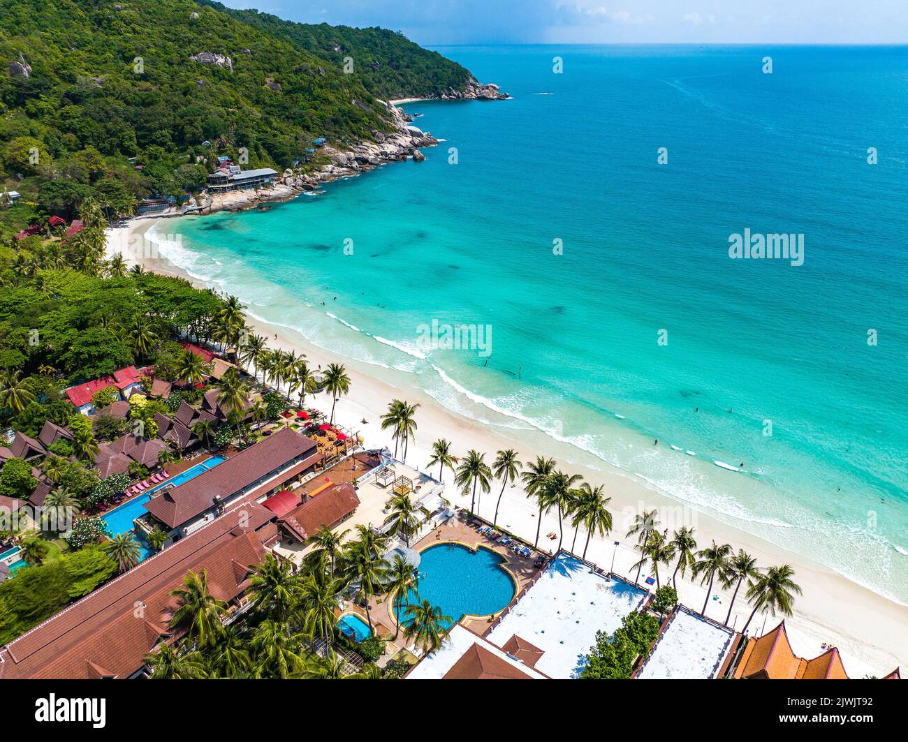 Aerial view of Haad Rin beach or Hat Rin in Ko Pha Ngan, Thailand Stock ...