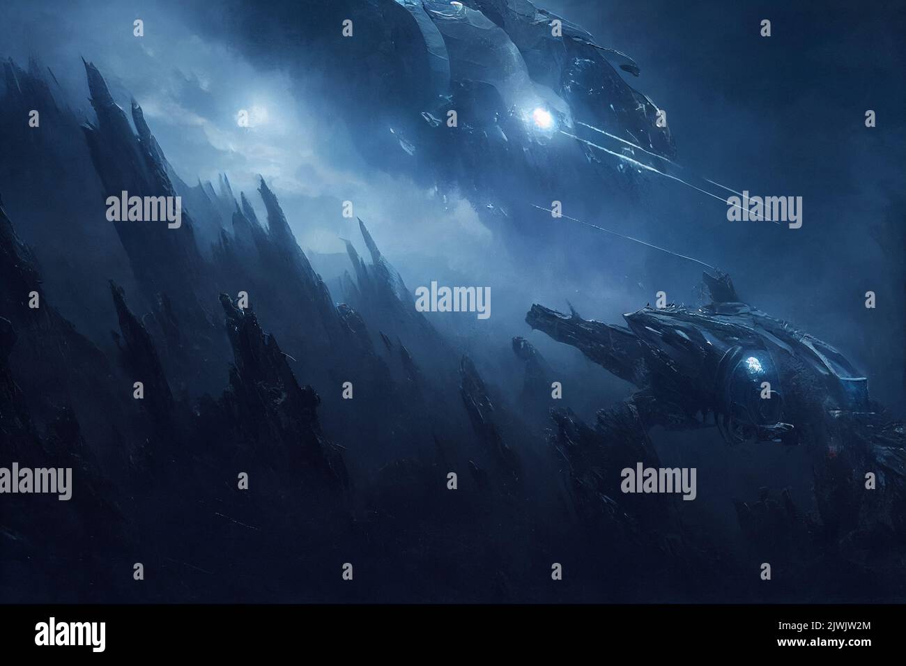Space battleships flying in unknown planet environment, digital ...