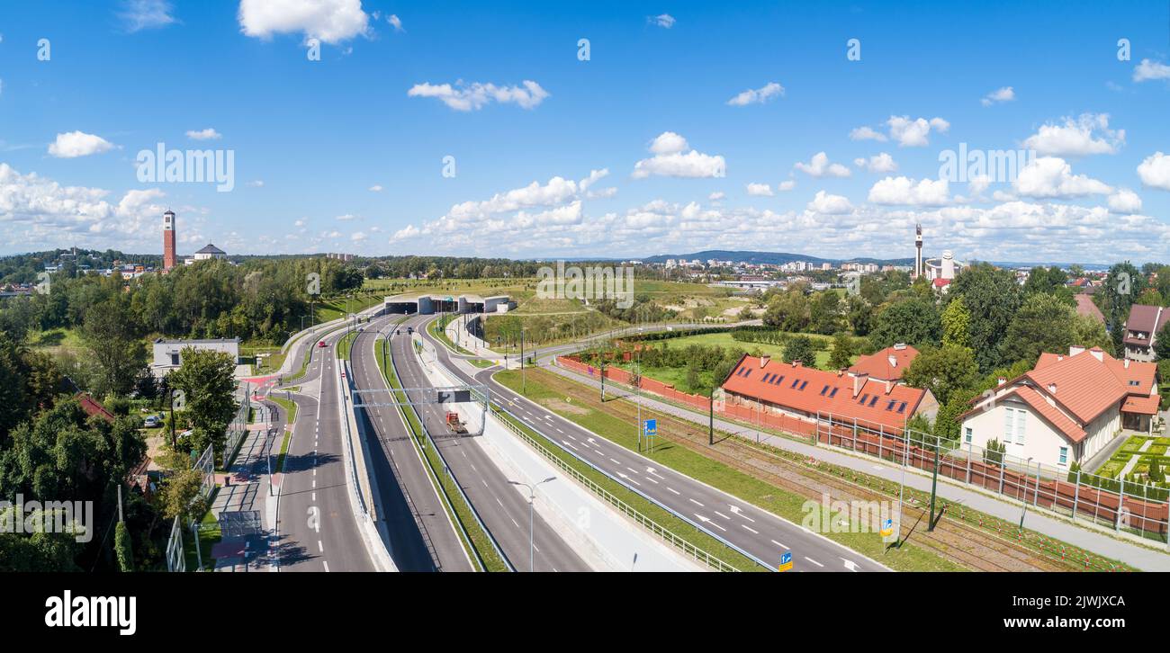 New city highway Trasa Łagiewnicka in Krakow, Poland, with tunnels for ...