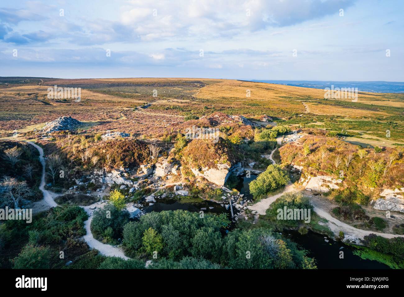 Top Down over Haytor Quarry and Haytor Rocks from a drone, Dartmoor ...