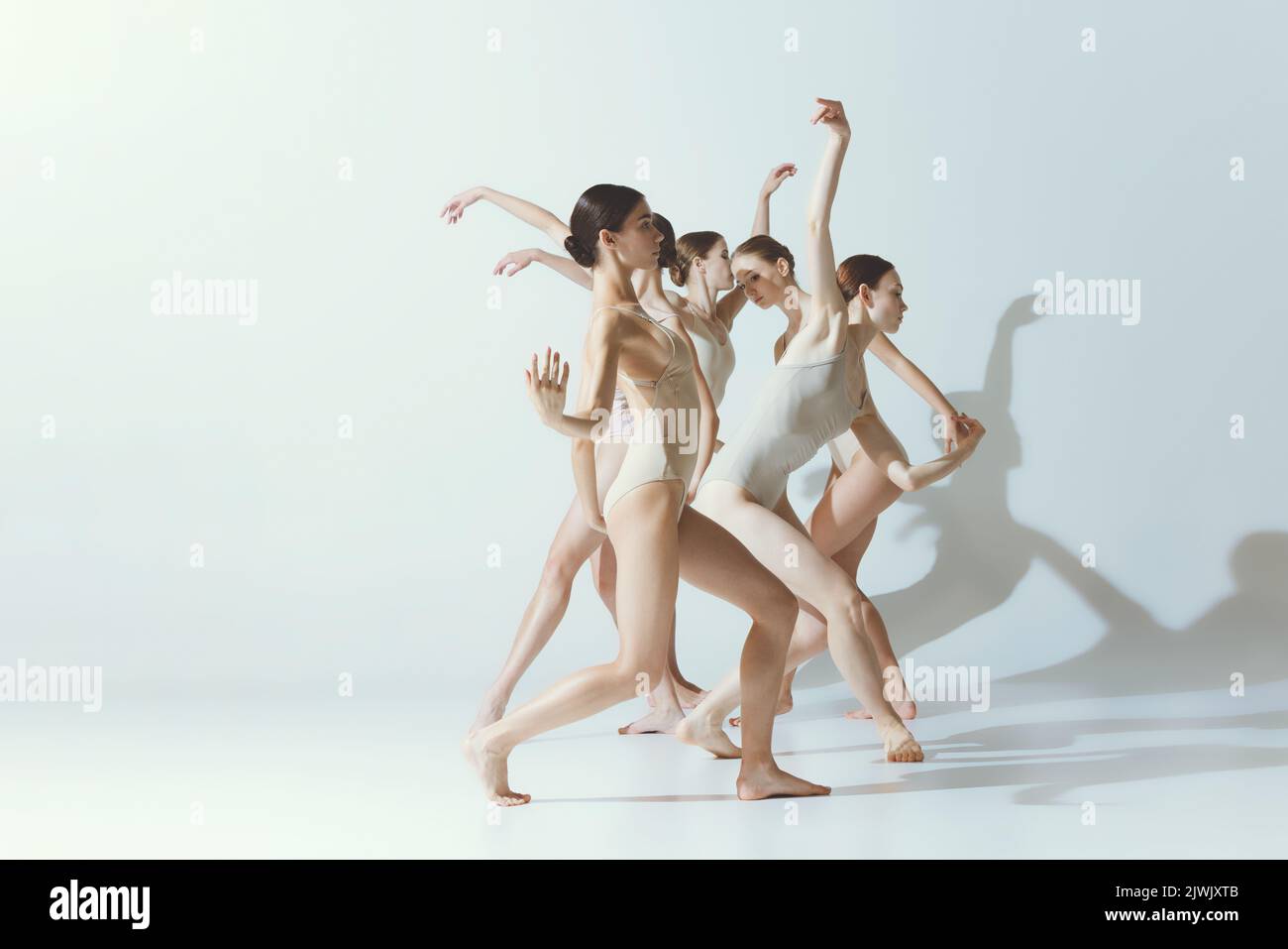 Group of young women, ballerinas dancing, performing isolated over grey studio background ...