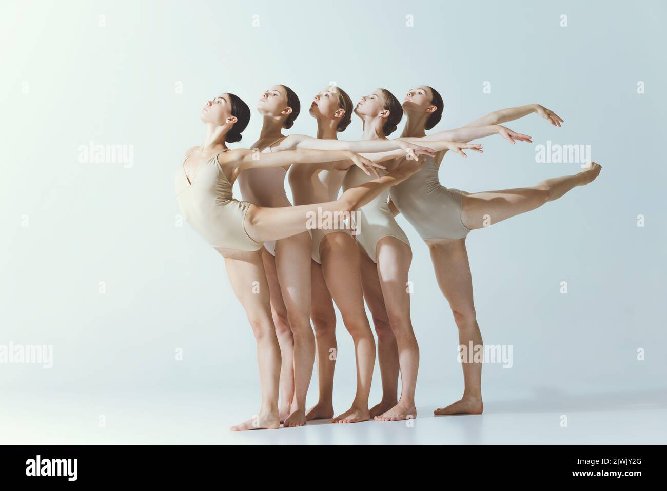 Group of young girls, ballet dancers performing isolated over grey studio background ...