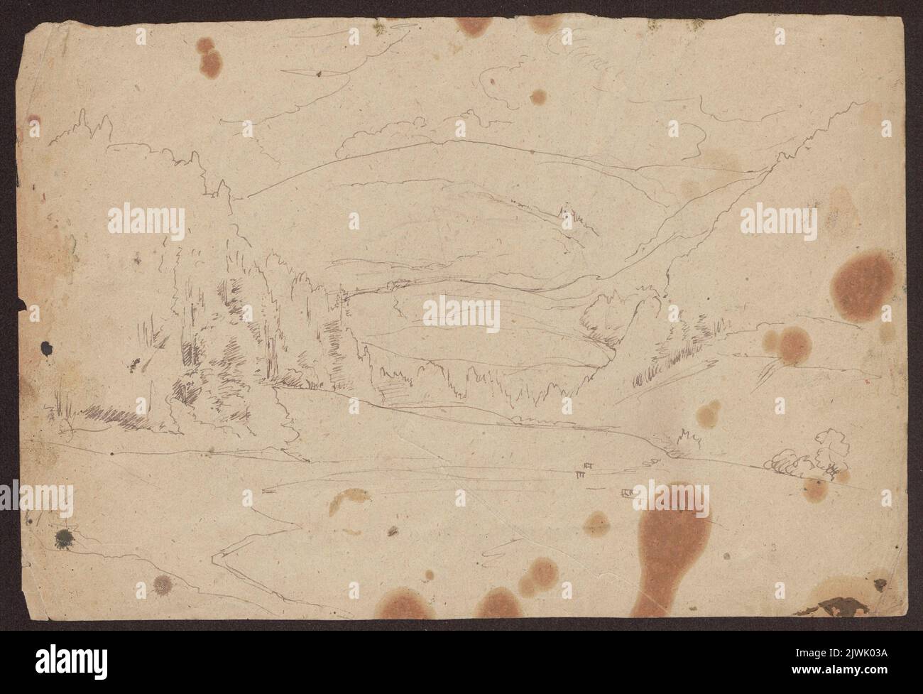 Mountain landscape with a stream and huts; verso: Mountain landscape ...