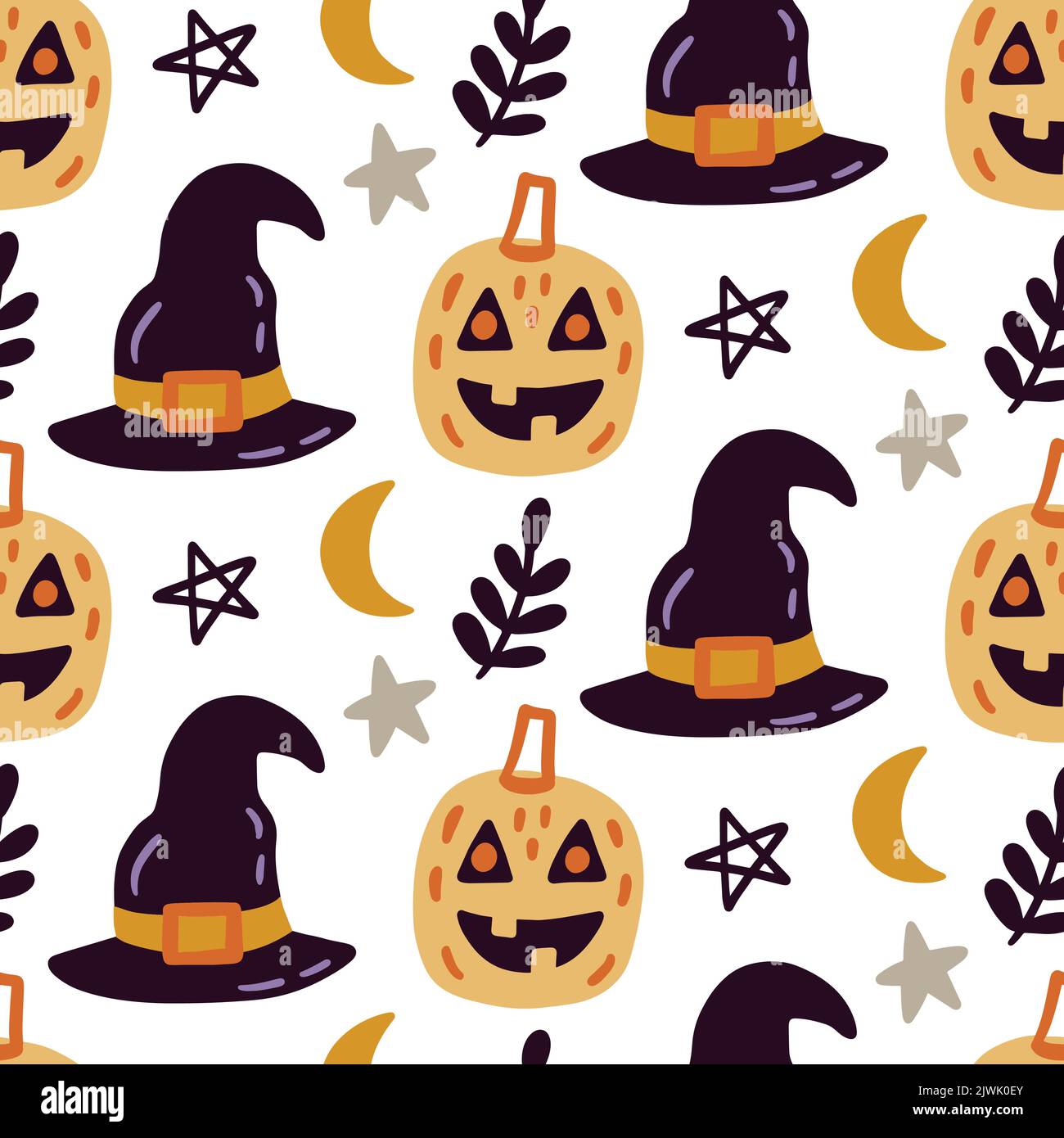 Halloween Scary Pumpkins, Witch hats, Vector Seamless Pattern Texture ...