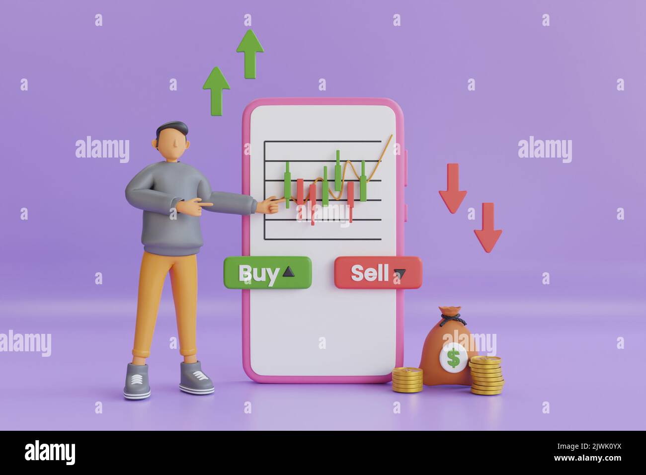 3D Smartphone with graph chart buy and sell shares, stock market index ...