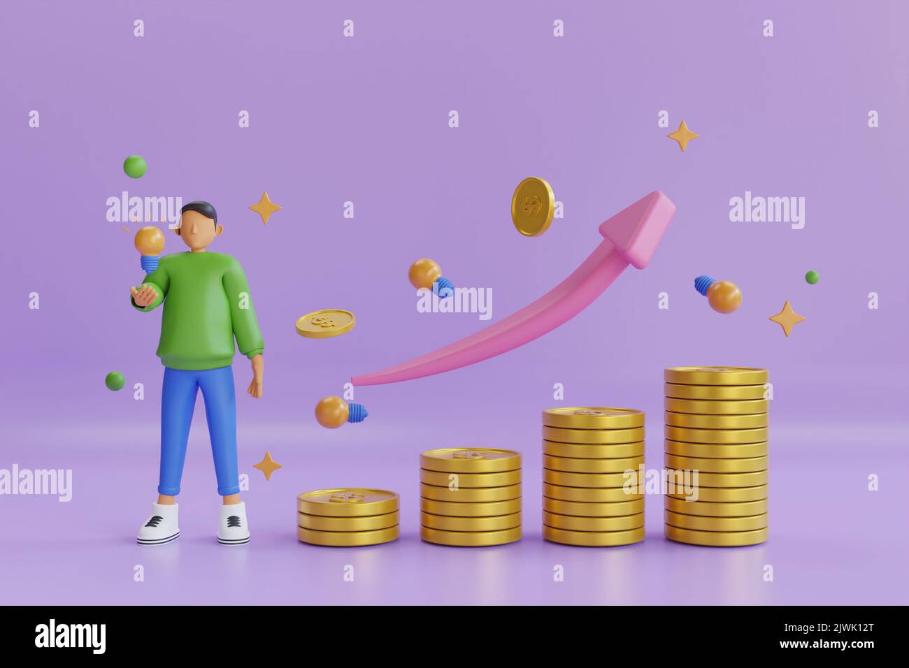 3D Graph up arrow on coin stacks. Financial success and growth concept ...