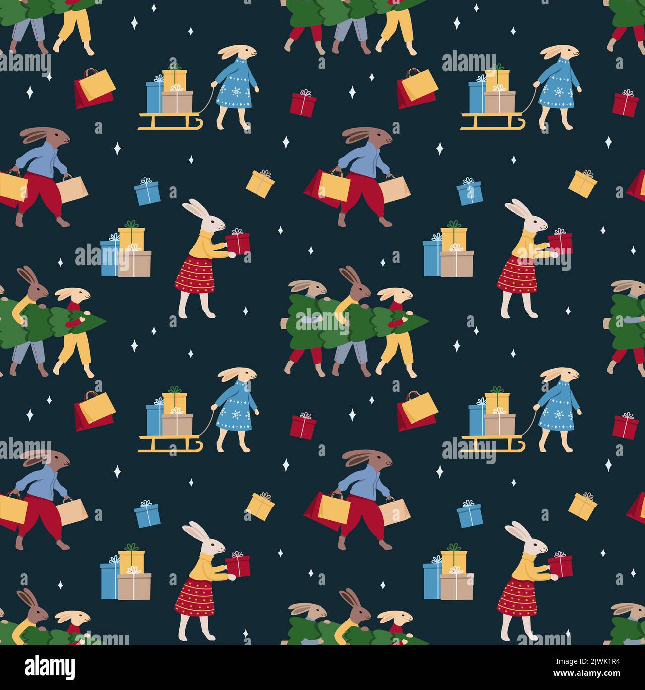 Christmas seamless pattern with rabbits. New year background for ...