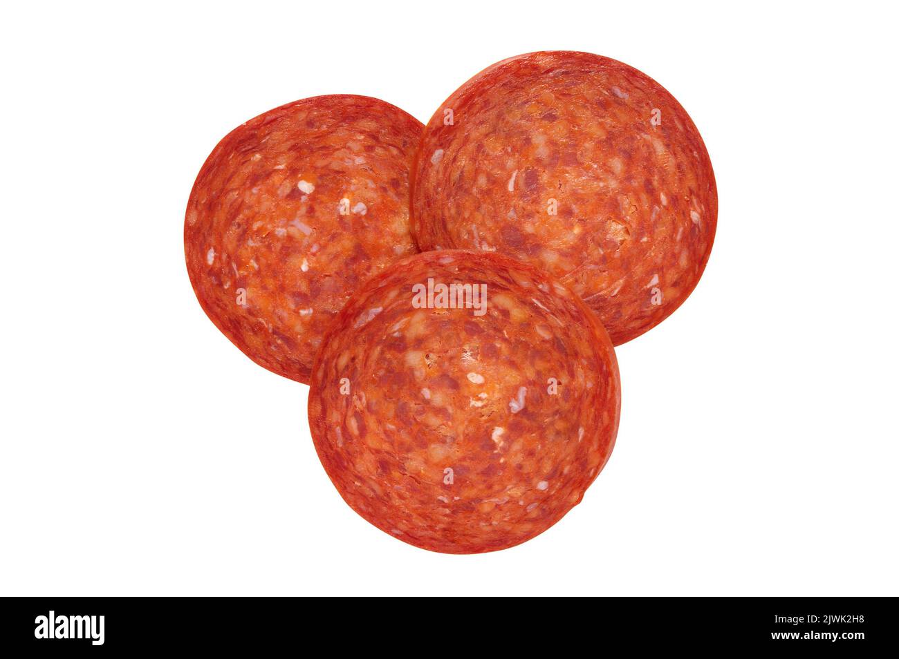 Pepperoni slices isolated on white with path, shot from above cut out ...