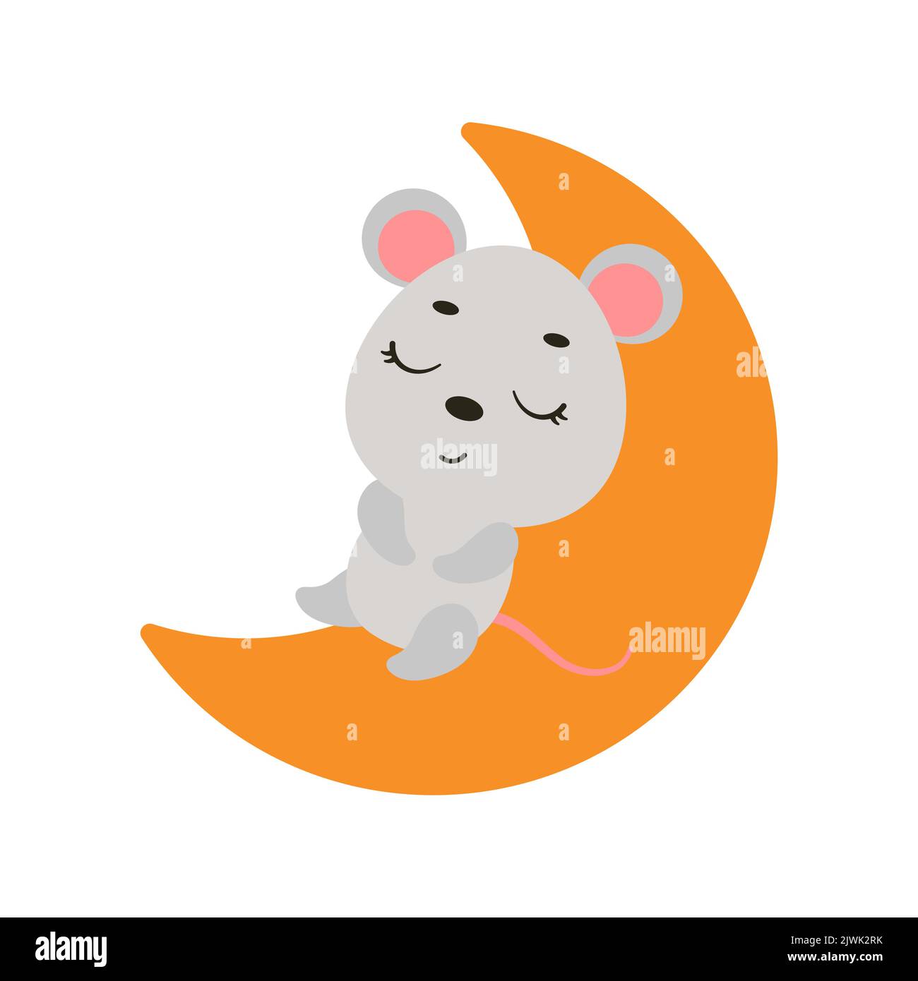 Cute little mouse sleeping on moon. Cartoon animal character for kids t ...