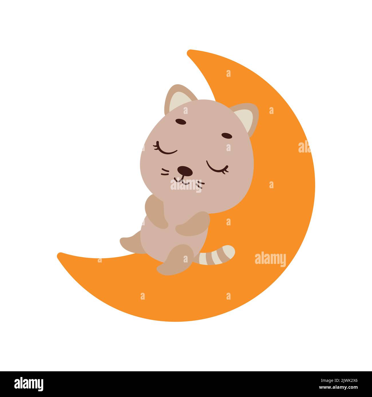 Cute little cat sleeping on moon. Cartoon animal character for kids t ...