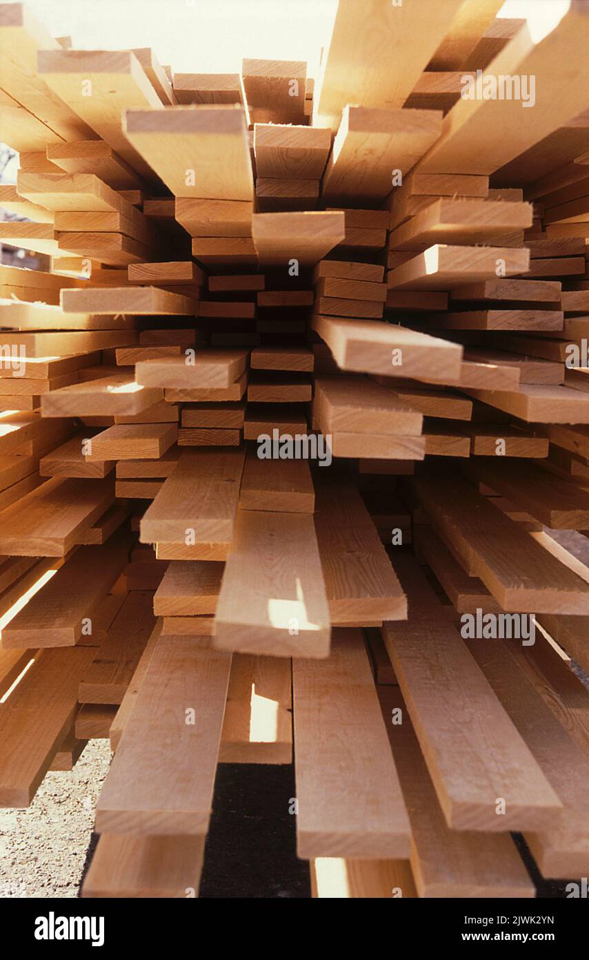 Pile of timber in storage end on Stock Photo - Alamy