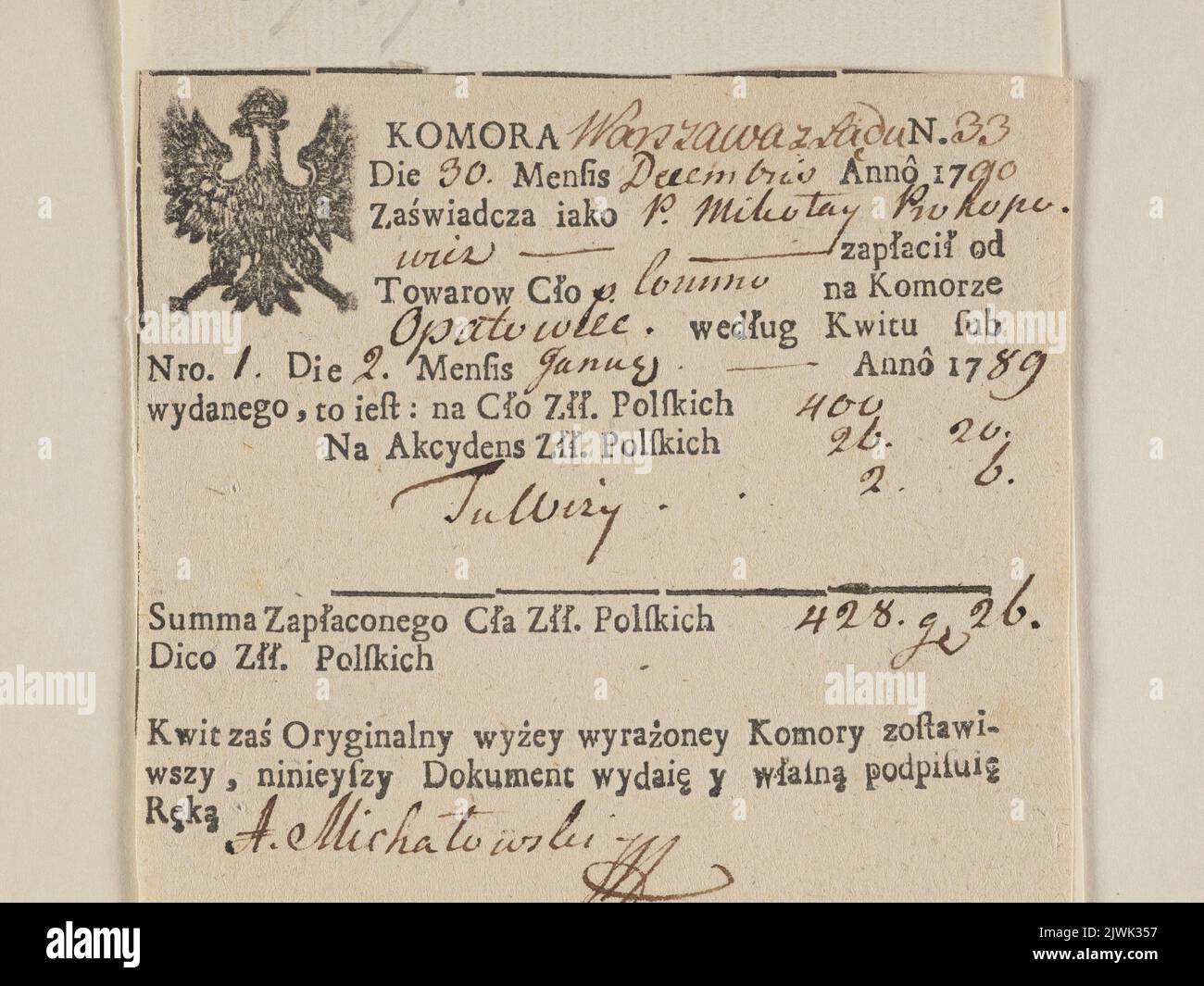 printed mark of the customs house in Warsaw. komora celna, signatory ...