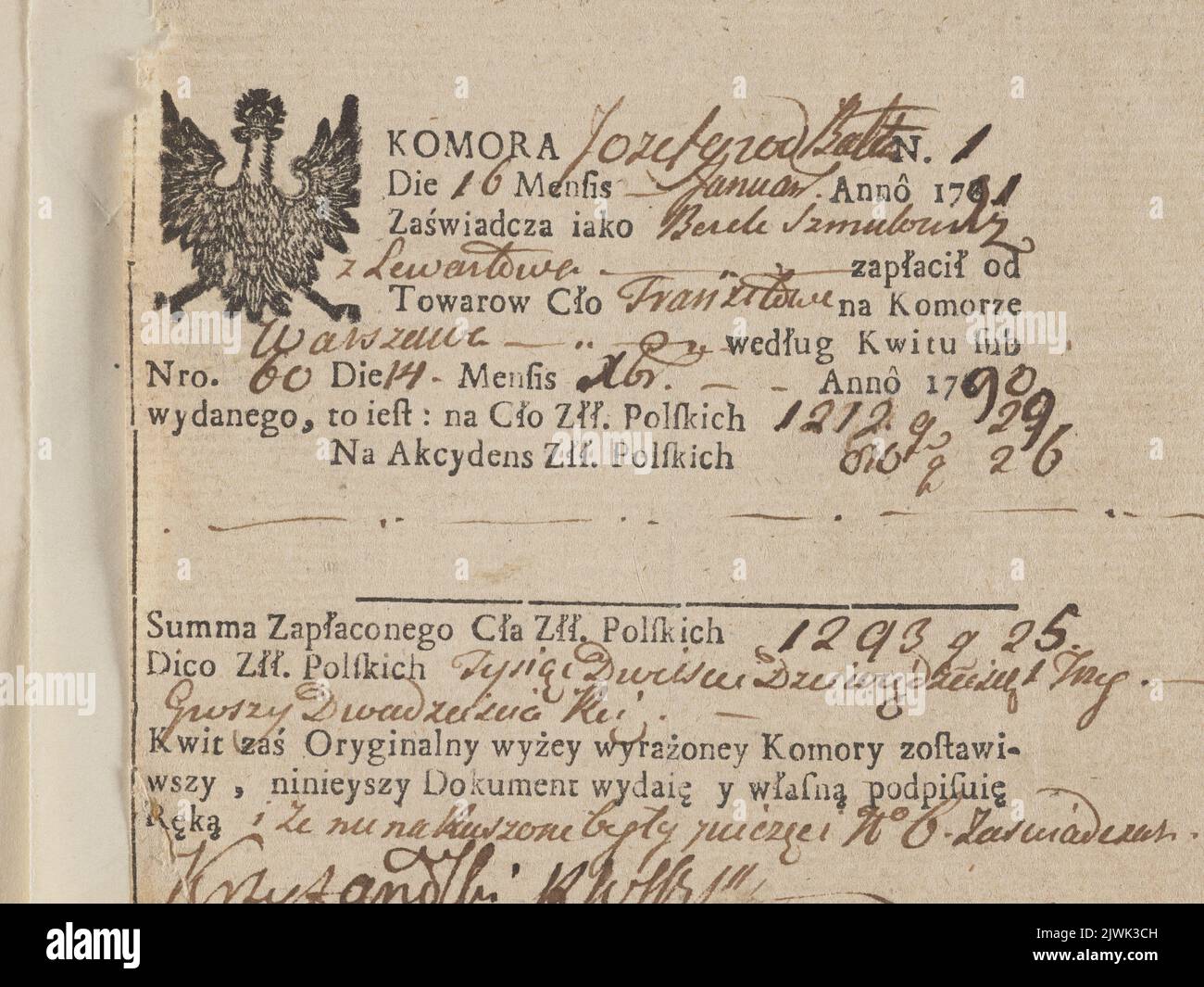 printed mark of the customs house in Yuzefhrad (Balta). komora celna ...