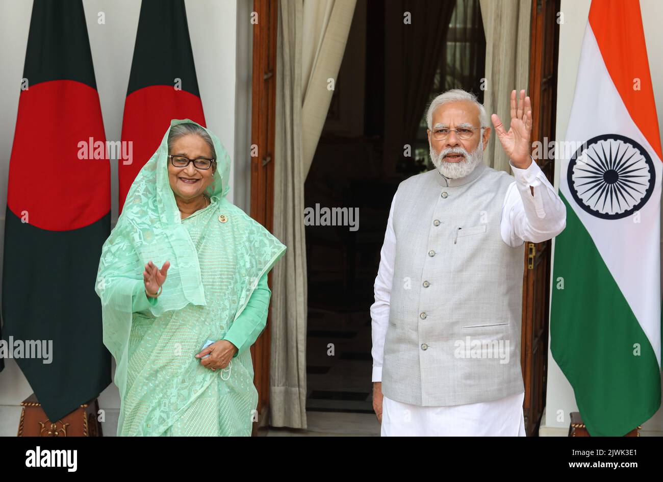 New Delhi, India. 06th Sep, 2022. Indian Prime Minister Narendra Modi (R) with Bangladesh Prime ...