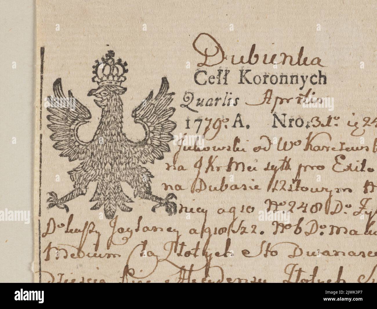 printed mark of the customs house in Dubienka. komora celna, signatory ...