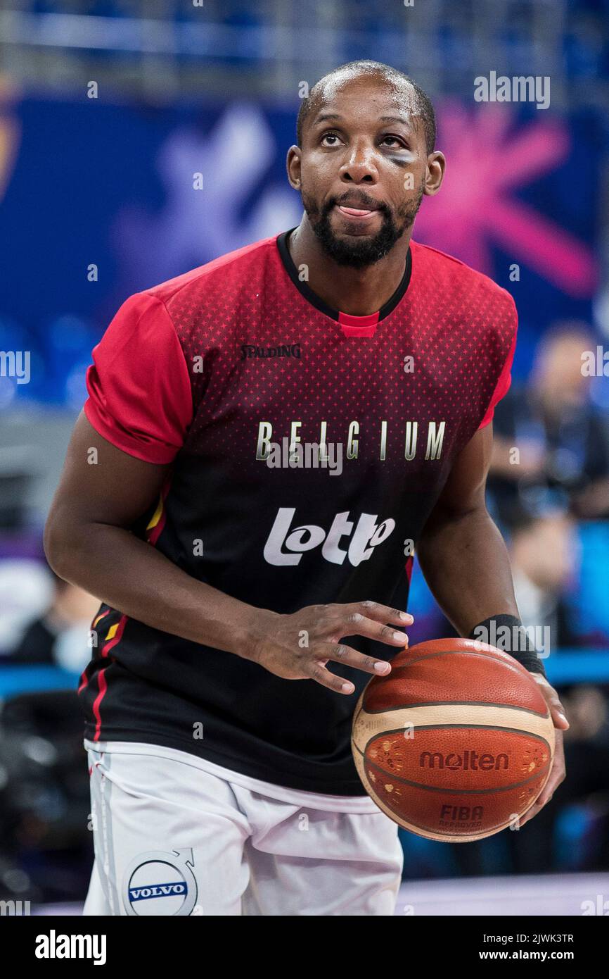 Belgium's Jonathan Tabu pictured at the warm up ahead of a basketball ...
