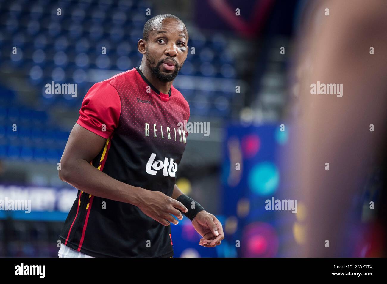Belgium's Jonathan Tabu pictured at the warm up ahead of a basketball ...