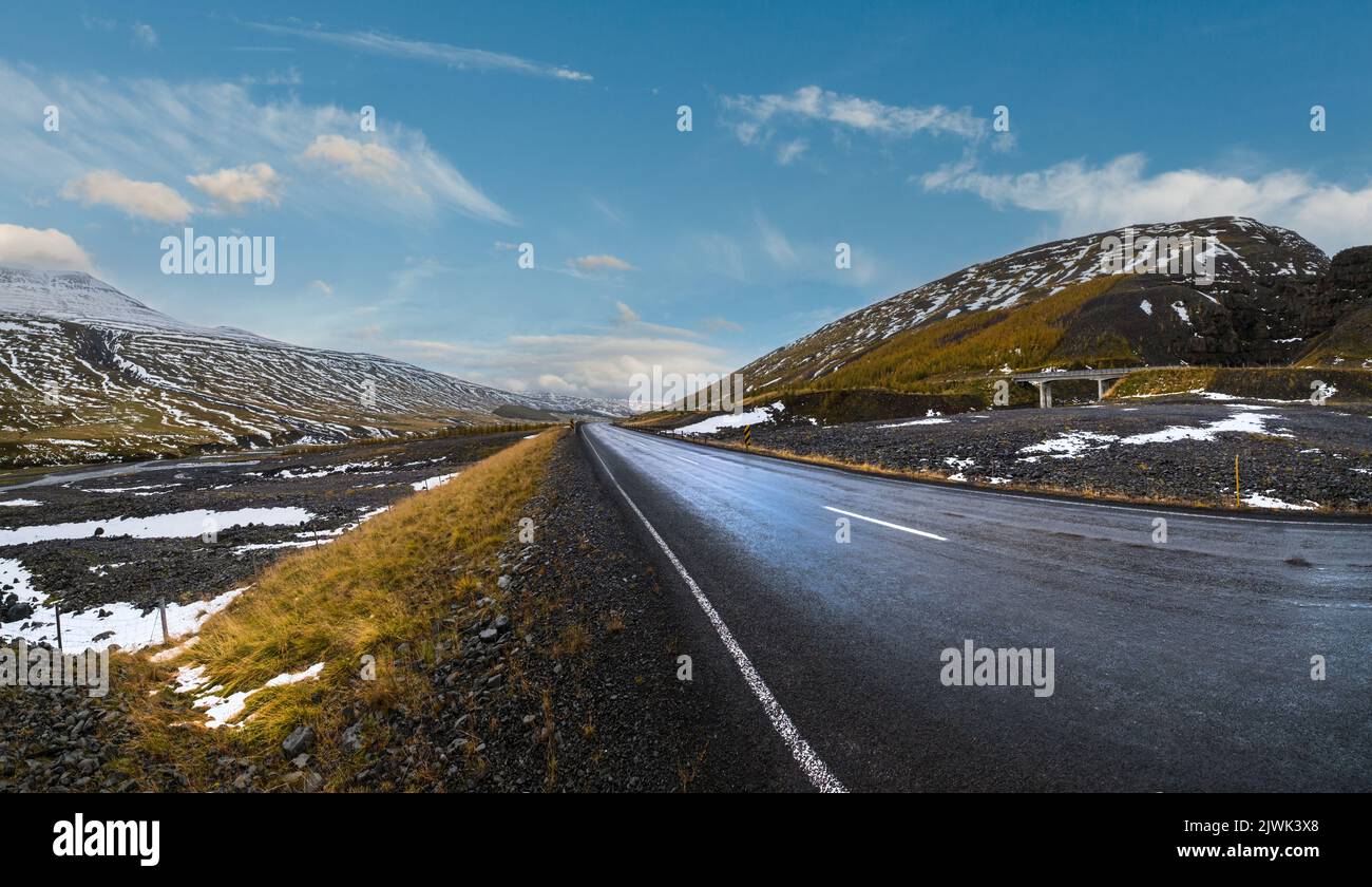 Highway road and mountain view during auto trip in Iceland. Spectacular ...