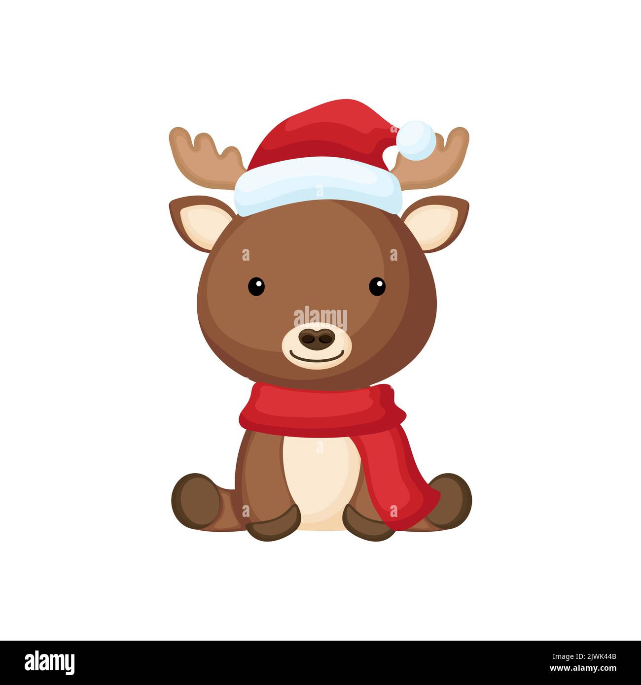 Cute little moose sitting in a Santa hat and red scarf. Cartoon animal ...