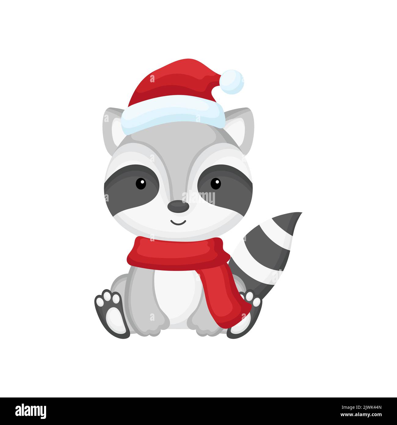 Cute little raccoon sitting in a Santa hat and red scarf. Cartoon ...