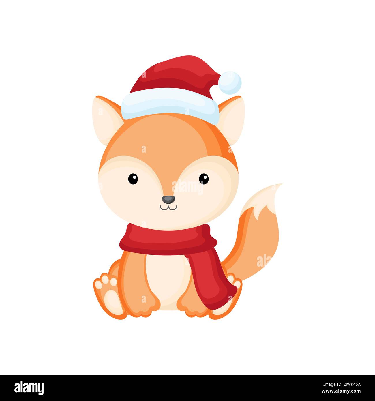 Cute little fox sitting in a Santa hat and red scarf. Cartoon animal ...