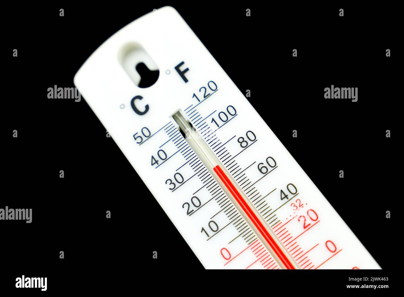 26 Celsius and 80 Fahrenheit degrees on a thermometer on black ...