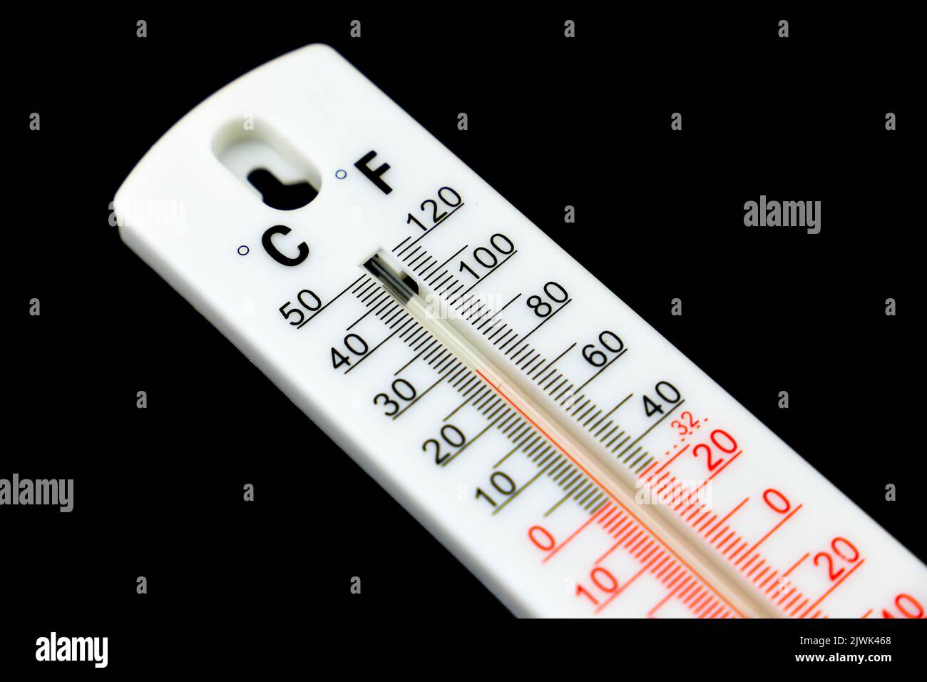 26 Celsius and 80 Fahrenheit degrees on a thermometer on black ...