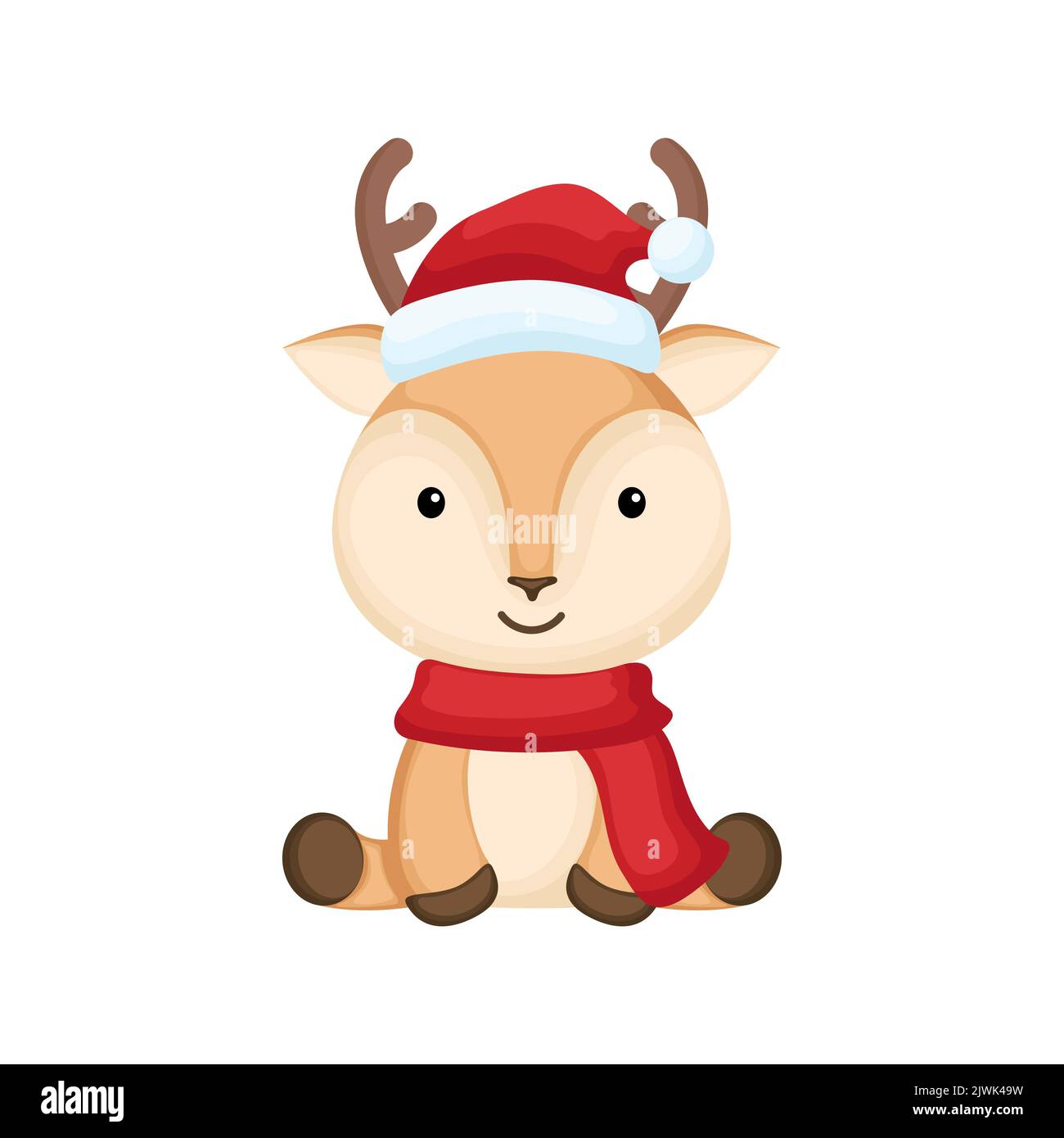 Cute little deer sitting in a Santa hat and red scarf. Cartoon animal ...