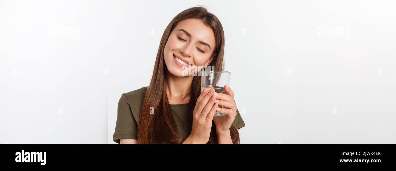 portrait of attractive caucasian smiling woman isolated on white studio ...