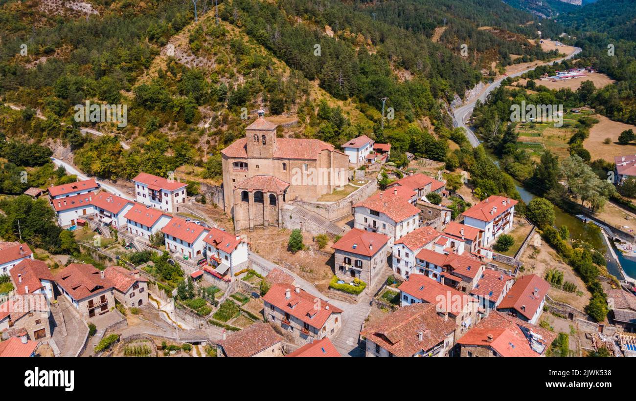 Aerial view of the pretty Roncal village in the Roncal Valley in ...