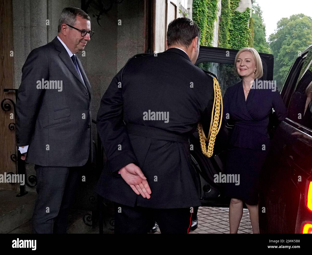 Newly elected leader of the Conservative party Liz Truss is greeted by ...