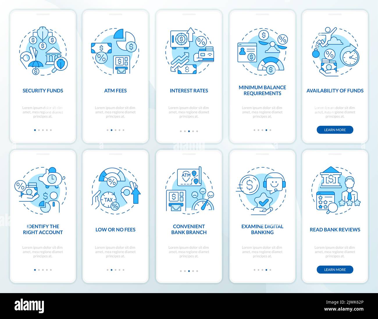 Choosing credit union and bank blue onboarding mobile app screen set ...