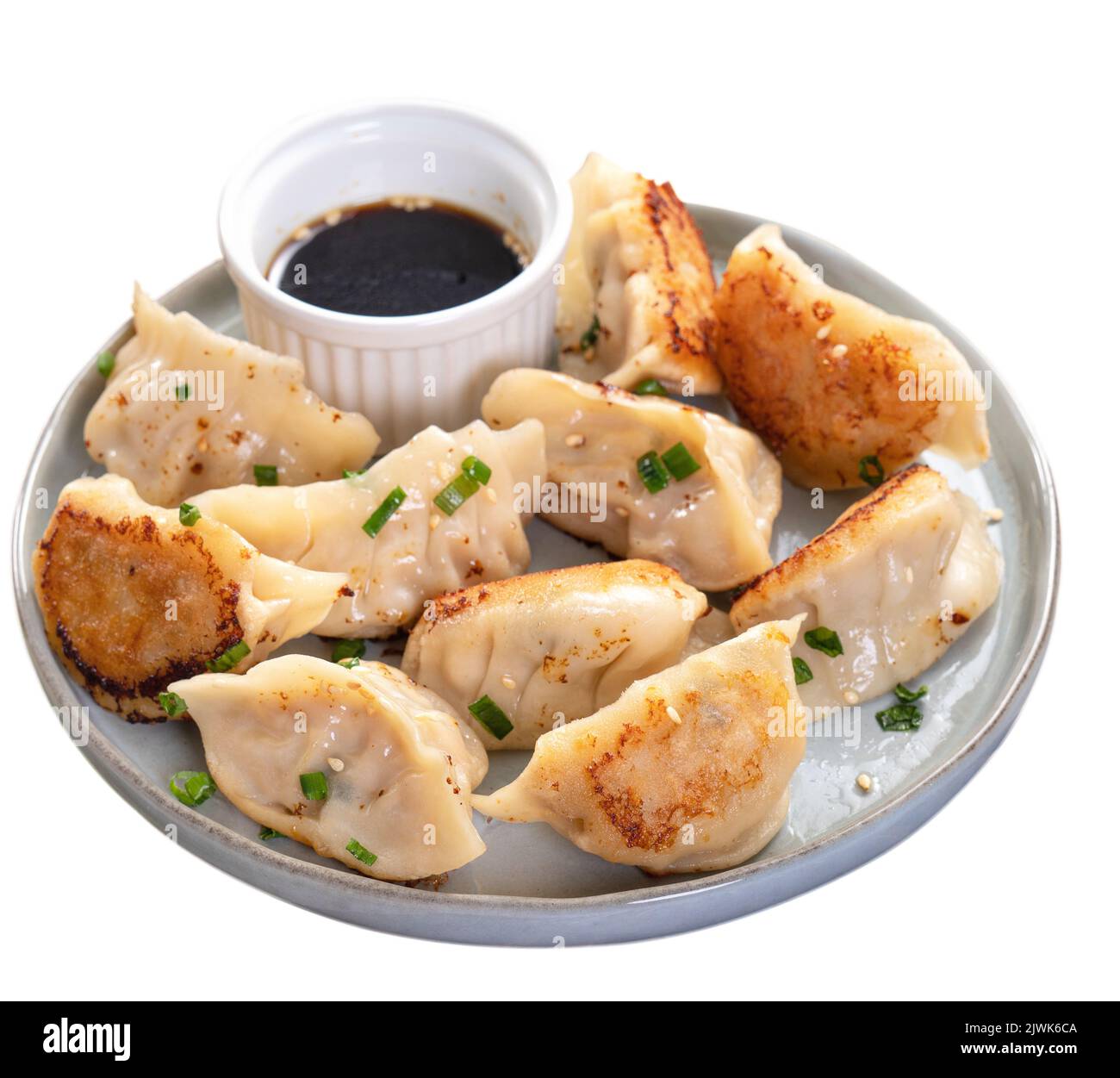 Taiwanese and Japanese Pan-fried gyoza dumpling jiaozi food in a plate isolated on white ...