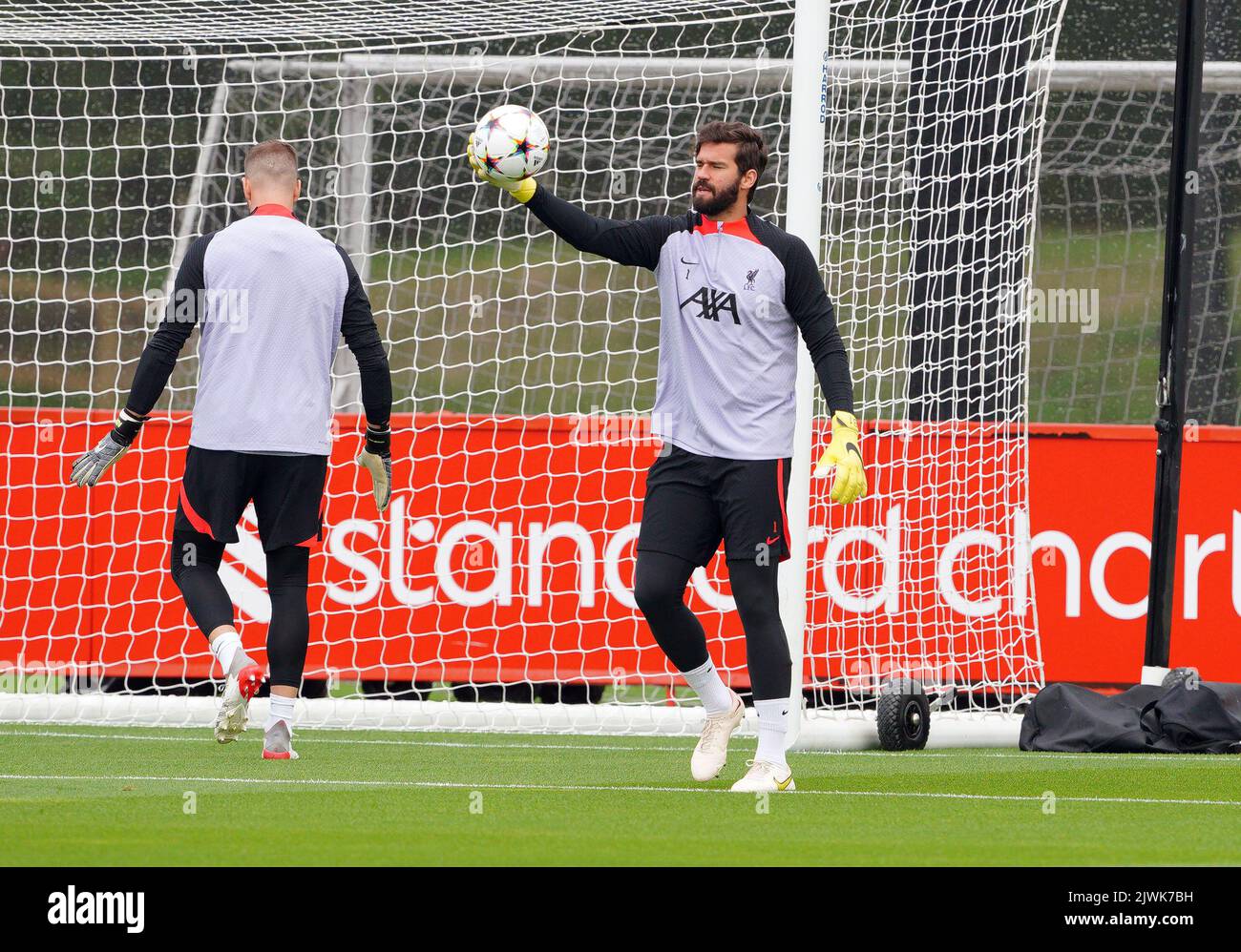 Liverpool goalkeeper Alisson Becker during a training session at the ...