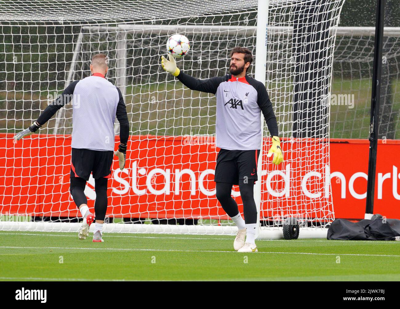 Liverpool goalkeeper Alisson Becker during a training session at the ...