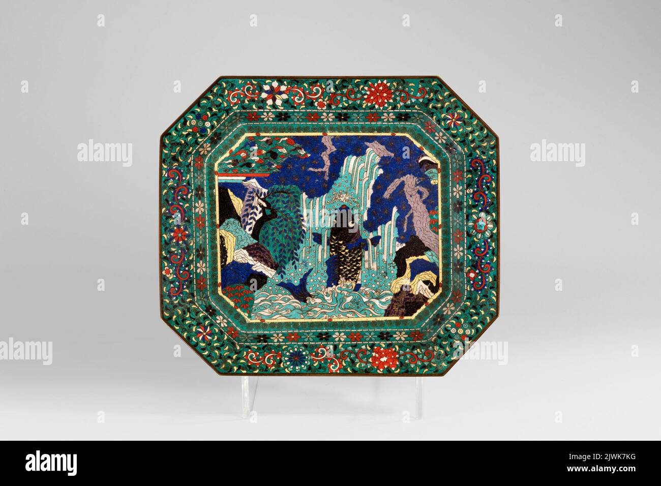 Rectangular tray with truncated corners, decorated with image of carp ...