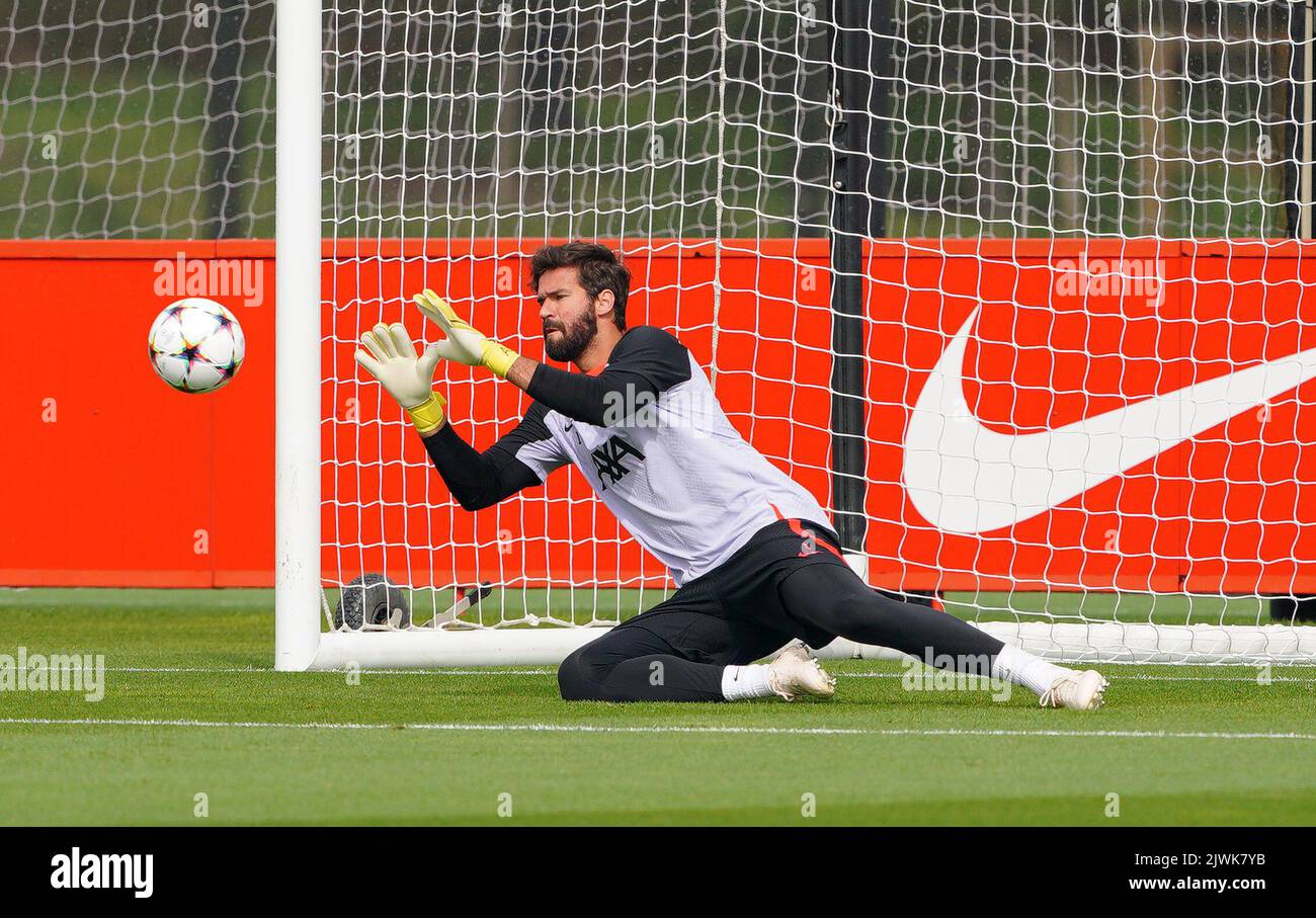 Liverpool goalkeeper Alisson Becker during a training session at the ...