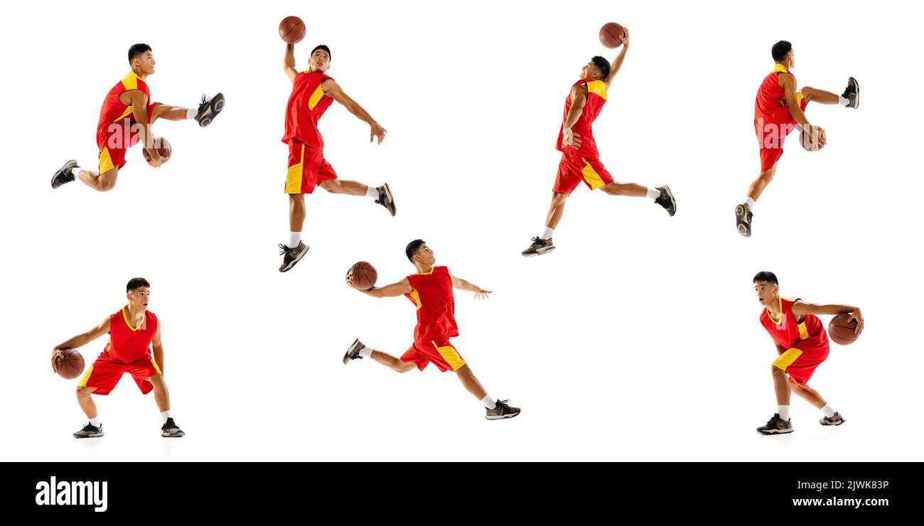 Portrait of young man, basketball player in motion, training isolated ...