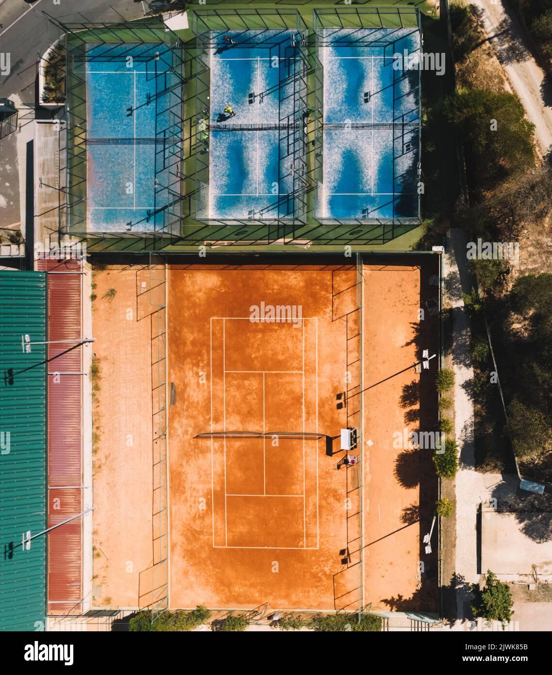 Aerial top down drone view of tennis and padel courts in a public ...