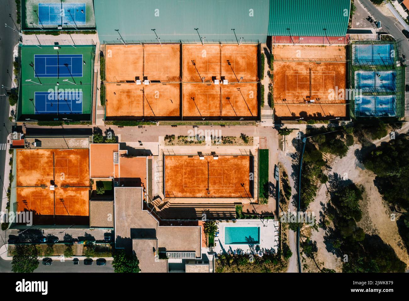 Aerial top down drone view of tennis and padel courts in a public ...