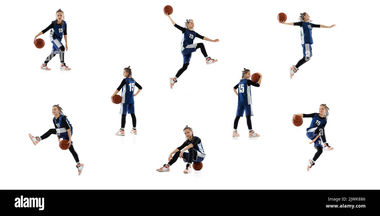Collage. Dynamic images of teen girl, basketball player in uniform ...