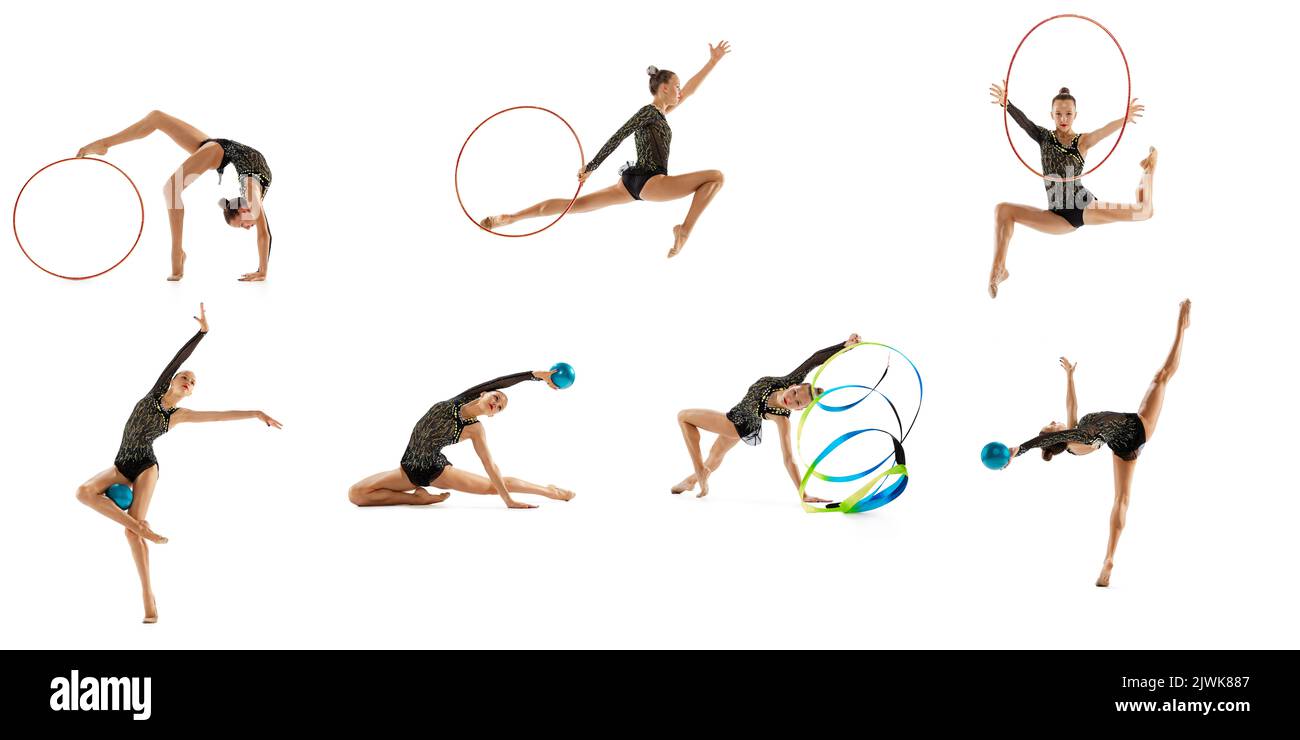 Portrait of young, professional female rhythmic gymnast training ...