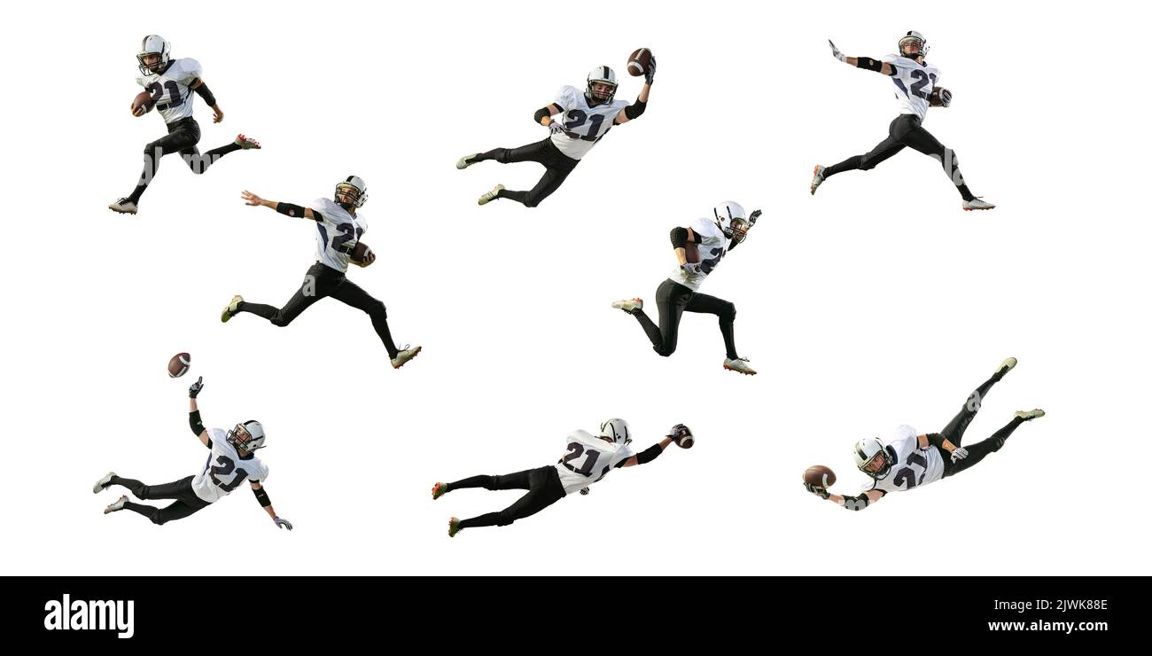 Portrait of american football player in motion, training, playing ...