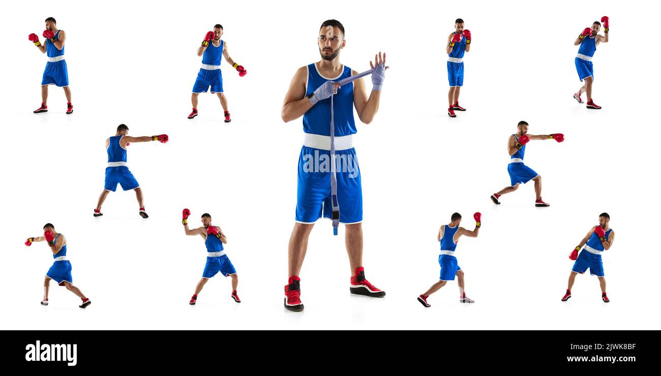 Collage. Professional male boxer training, fighting isolated over white ...