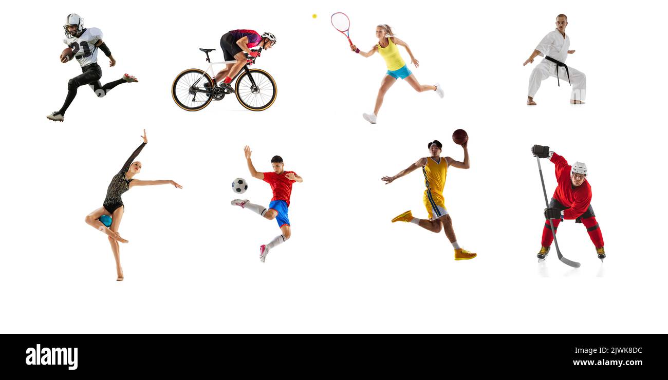 Collage. Young sportive people training, practising isolated over white ...