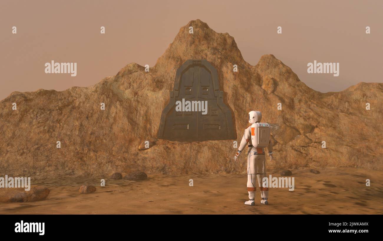 Explorer discovering an alien structure on another planet Stock Photo ...