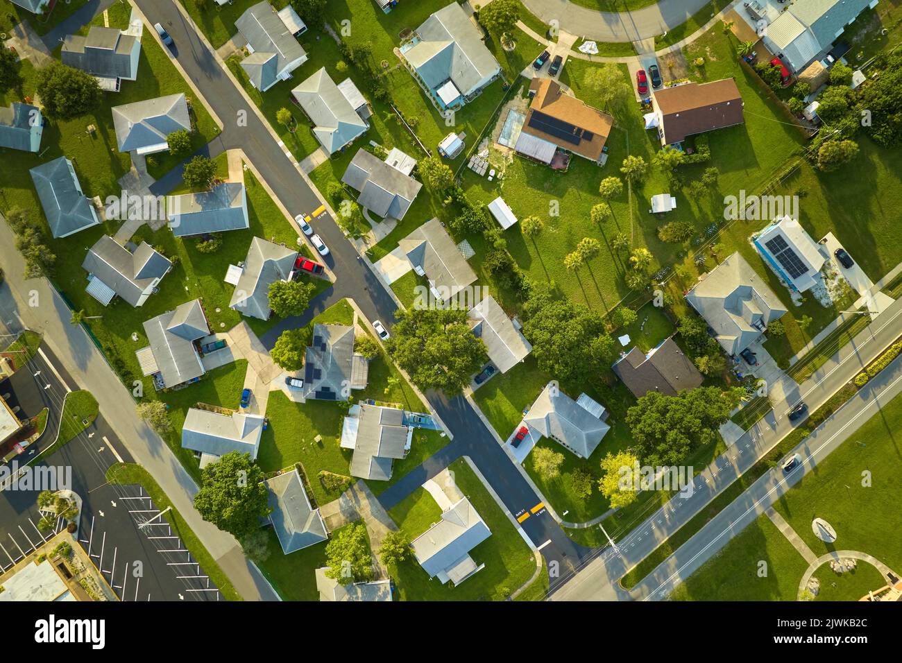 Aerial landscape view of suburban private houses between green palm ...