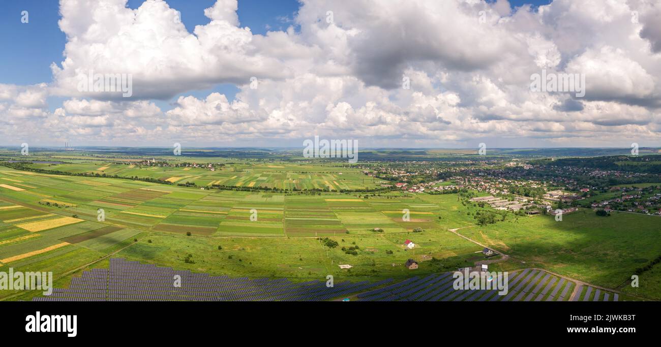 Aerial landscape view of green cultivated agricultural fields with ...