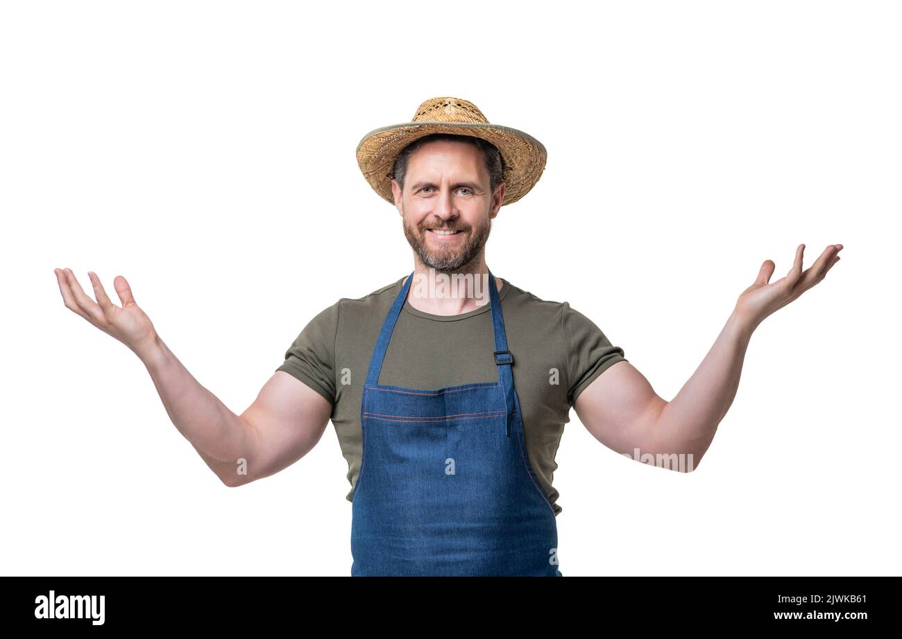 happy man in hat and apron gesturing isolated on white background Stock ...