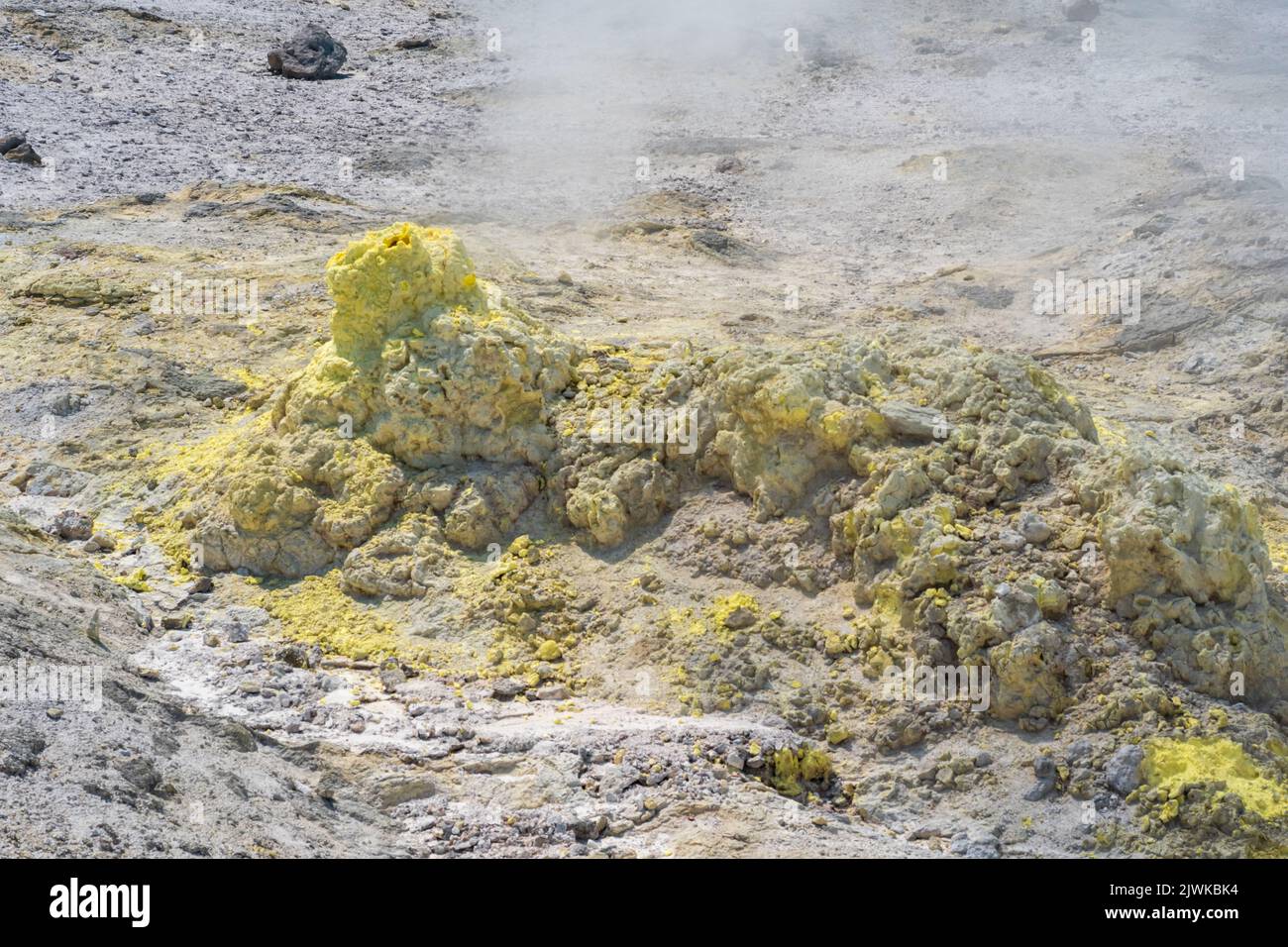 deposits of native sulfur in a fumarole field on the slopes of the ...